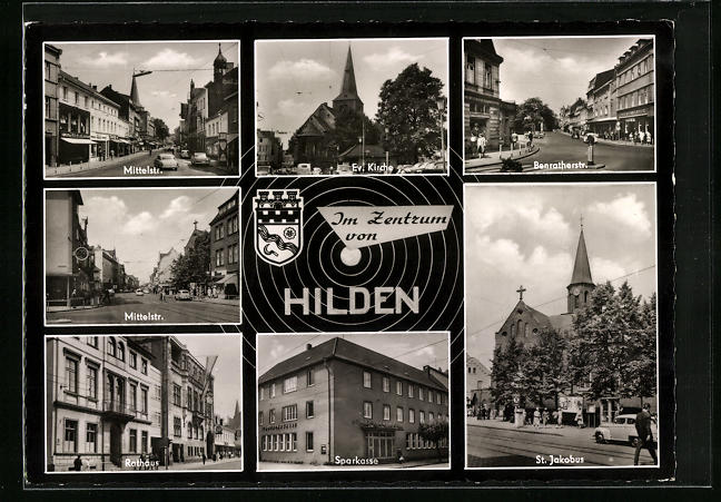 AK Hilden /Rheinland, Strassenpartien mit St. Jakobus, Ev. Kirche ...