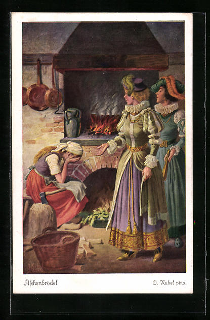 Künstler-AK Otto Kubel: Märchen Aschenputtel, böse Stiefschwestern mit Aschenputtel in der Küche ...