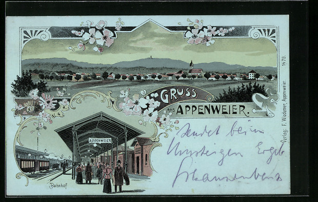 Lithographie Appenweier, Gesamtansicht und Bahnhof mit Bahnsteig Nr ...