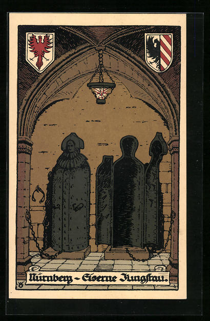 Steindruck-AK Nürnberg, Eiserne Jungfrau im Folterkeller, Wappen Nr ...