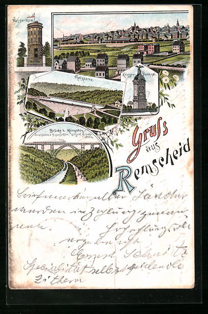 Lithographie Remscheid, Ortsansicht, Kriegerdenkmal, Wasserturm ...