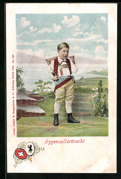 AK Knabe in Appenzeller Tracht mit Kiepe und Pfeife, Wappen Nr ...