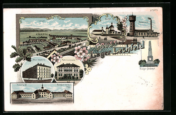 Lithographie Lager Lechfeld, Lager, Kloster, Wasserwerk, Krieger ...