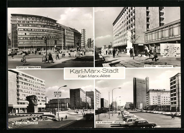 AK Karl-Marx-Stadt, Centrum-Warenhaus, Ensemble Lobgedichte, Karl-Marx ...