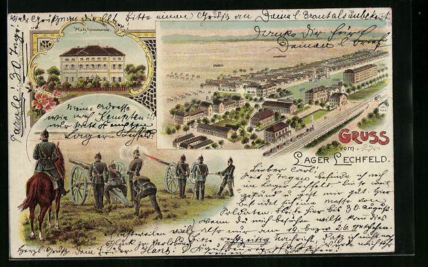 Lithographie Lager-Lechfeld, Gesamtansicht, Platzkommando, Kanoniere Nr ...