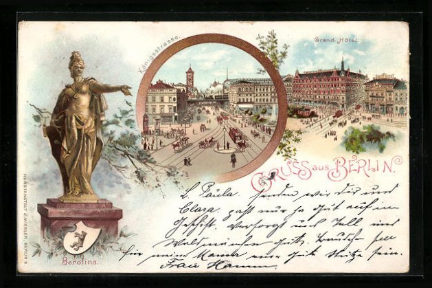 Lithographie Berlin, Königsstrasse, Berolina-Standbild mit Wappen ...