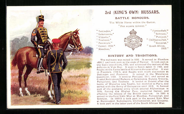 Künstler-AK 3rd King`s Own Hussars, Battle Honours, britische Husaren ...