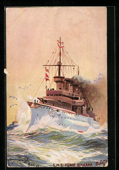 AK Panzerkreuzer SMS Fürst Bismarck auf stürmischer See, Kriegsschiff ...