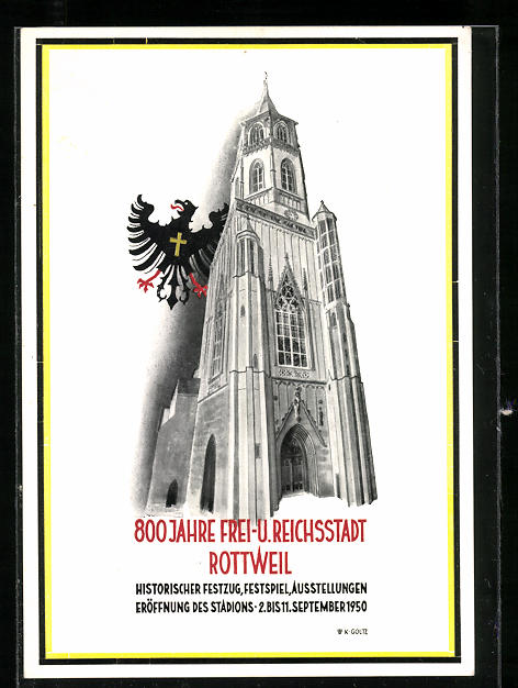 AK Rottweil, Festpostkarte 800 Jahre Frei- u. Reichsstadt 1950, Wappen ...