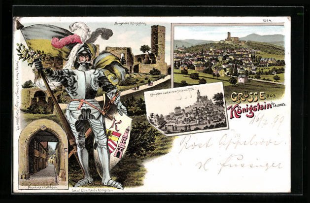 Lithographie Königstein /Ts., Gesamtansicht, Ritter mit Fahne und ...