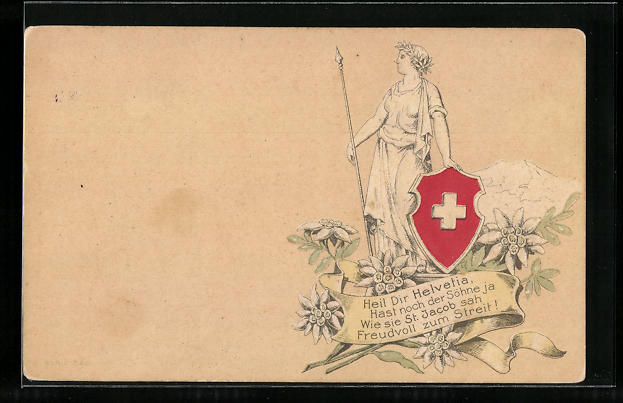 Präge-Lithographie Schweiz, Heil Dir Helvetia, Helvetia mit ...