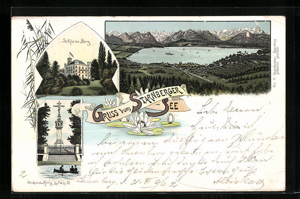 Lithographie Starnberg, Schloss Berg, Denkmal König Ludwig II. am Starnberger See Nr. 12189601 ...