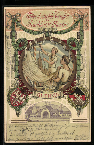 Künstler-AK Frankfurt a. M., XI. Deutsches Turnfest 1908, Gut Heil ... Künstler-AK Frankfurt a. M., XI. Deutsches Turnfest 1908, Gut Heil ...