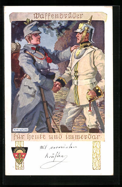 Künstler-AK Karl Alex Wilke: Waffenbrüder für heute und immerdar, zwei Soldaten reichen sich die ...