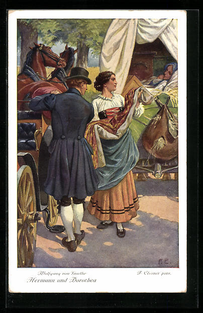 Künstler-AK Felix Elssner: Hermann und Dorothea v. Goethe, Frau erhält ...