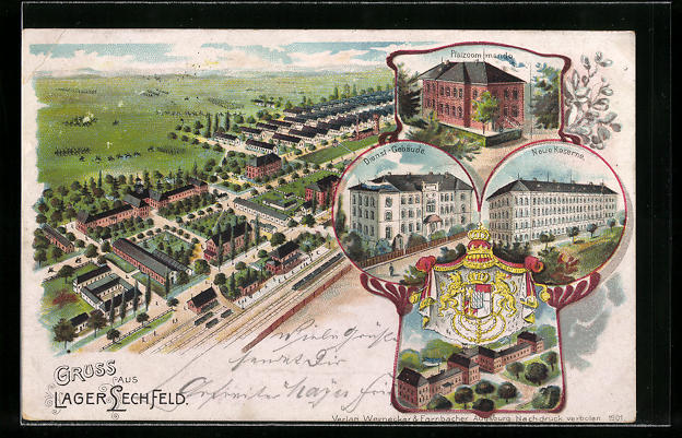 Lithographie Lager Lechfeld, Truppenübungsplatz aus der Vogelschau ...