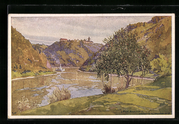 Künstler-AK Rudolf Schmidt: Neuhaus /Donau, Fluss mit Schiff der Donau ...