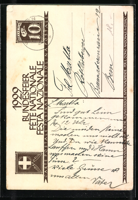 Künstler-AK Bundesfeier 1929, Schweizer Soldat mit Stahlhelm verabschiedet sich von Familie Nr ...