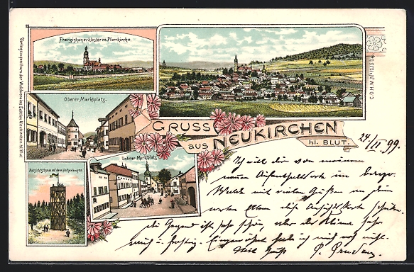 Lithographie Neukirchen, Totalansicht, Franziskanerkloster mit ...