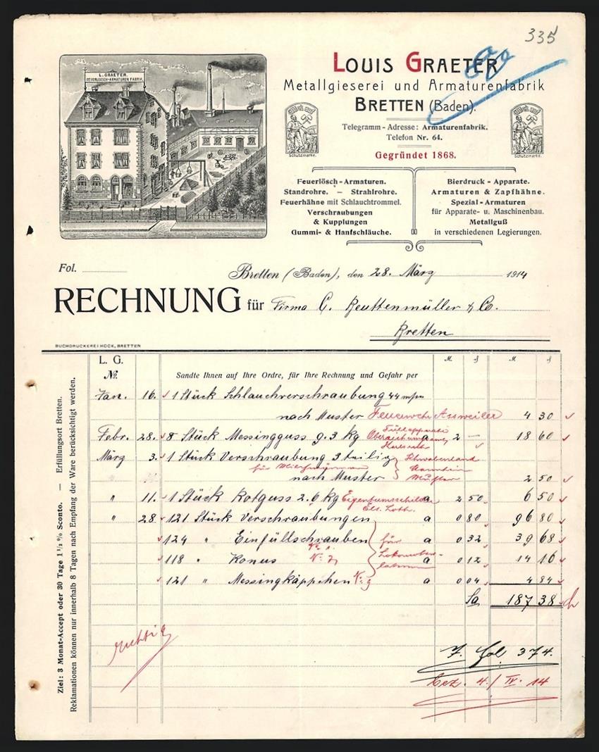 Rechnung Bretten 1914, Louis Graeter Metallgieserei und Armaturenfabrik ...