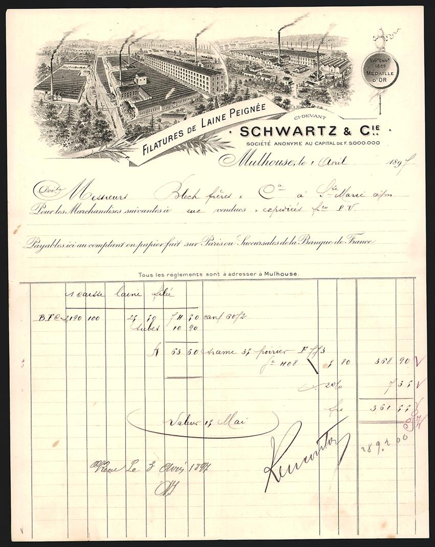 Rechnung Mulhouse 1897, Schwartz & Cie Filatures de Laine Peignée ...