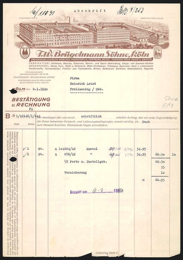 Rechnung Köln 1940, F. W. Brügelmann Söhne, Textilwaren-Fabrik, Gesamtansicht der Fabrikanlage ...