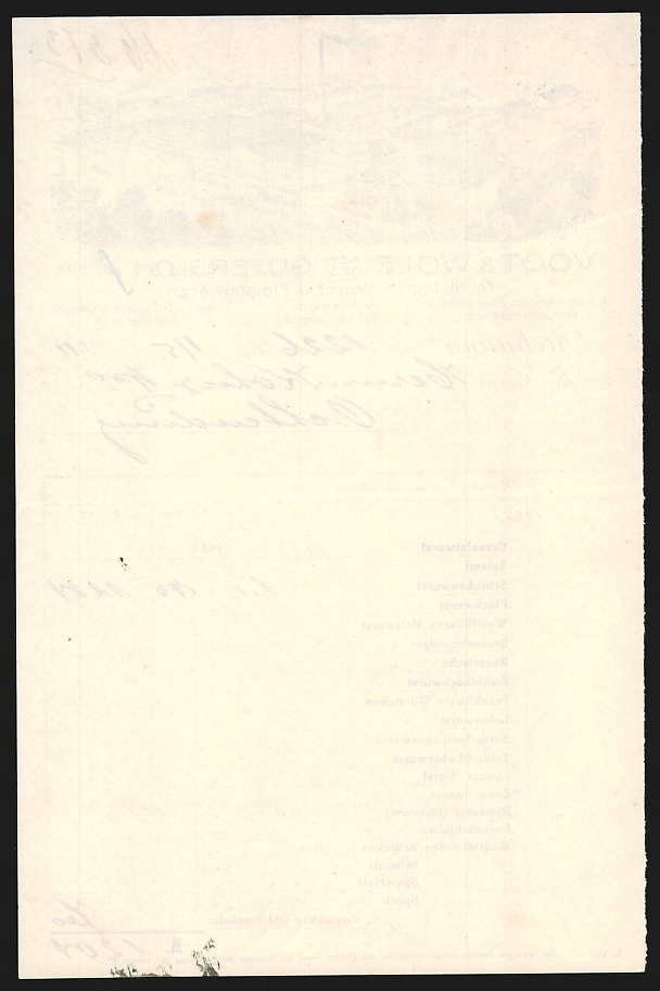 Rechnung Gütersloh 1911, Vogt & Wolf AG, Fabrik feiner Wurst- und ...