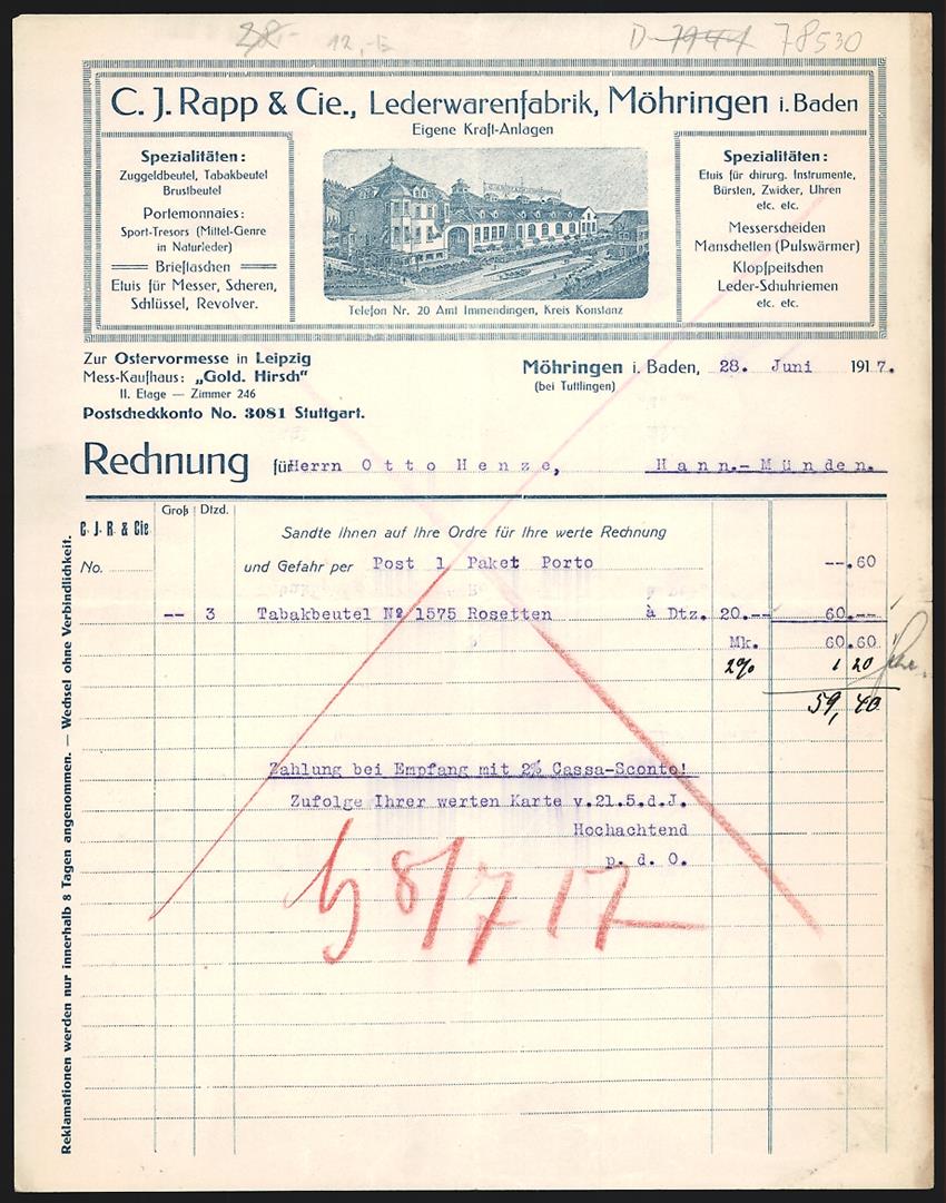Rechnung Möhringen i. Baden 1917, C. J. Rapp & Cie., Lederwarenfabrik ...