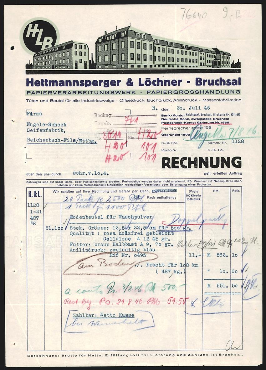 Rechnung Bruchsal 1946, Hettmannsperger & Löchner ...