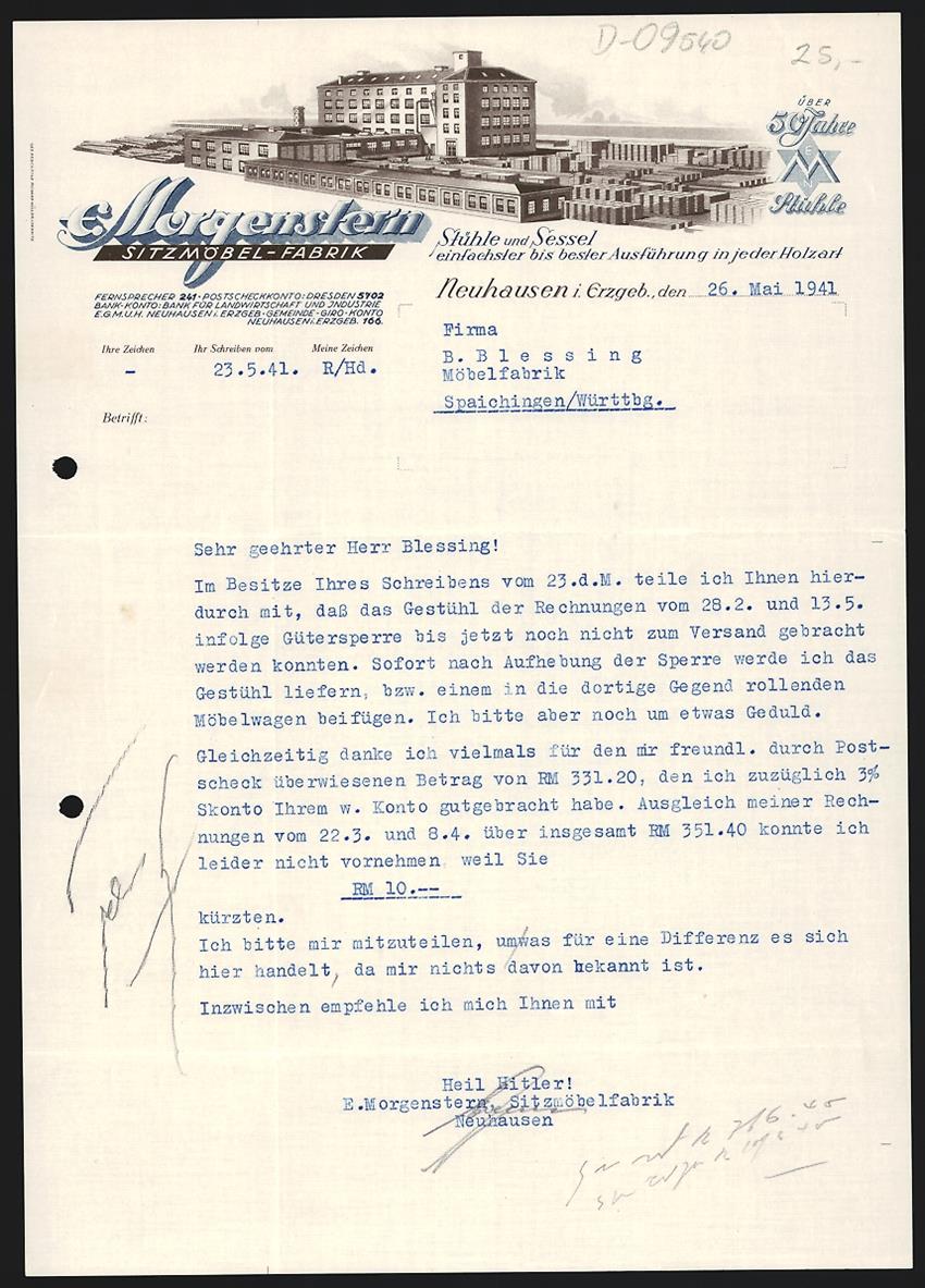 Rechnung Neuhausen 1941, Morgenstern, Sitzmöbel-Fabrik, Das Fabrikgelände mit gestapelter Ware ...
