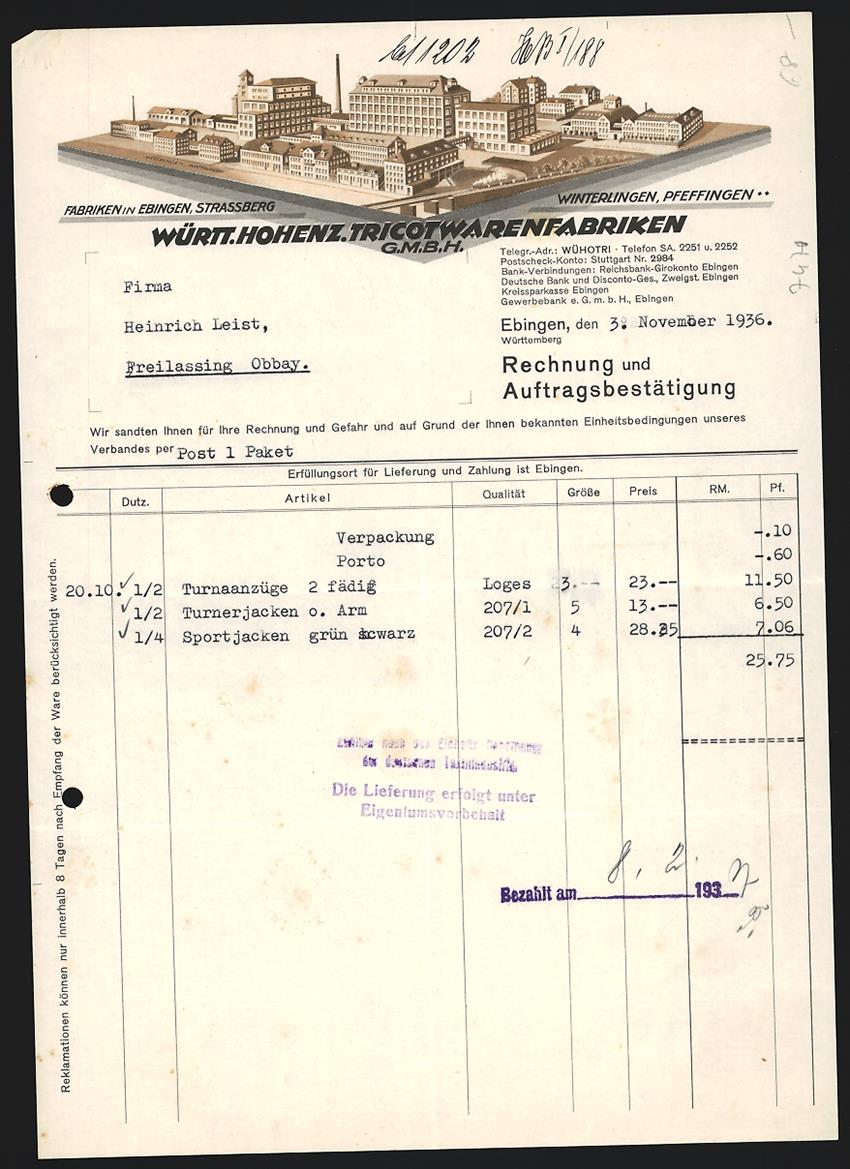 Rechnung Ebingen 1936, Württ.. | Sammeln & Seltenes günstig