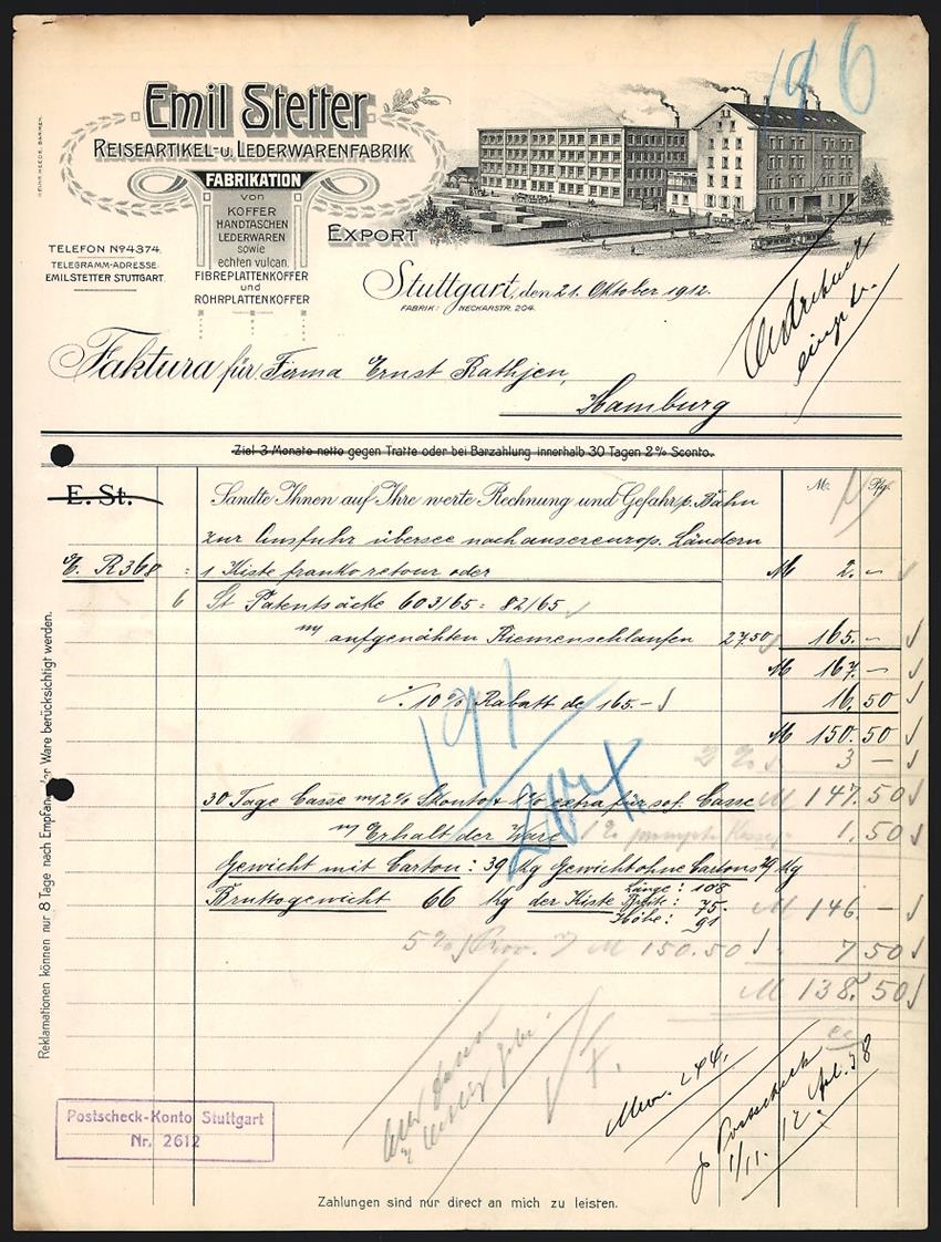 Rechnung Stuttgart 1912, Emil Stetter, Reiseartikel- & Lederwarenfabrik ...