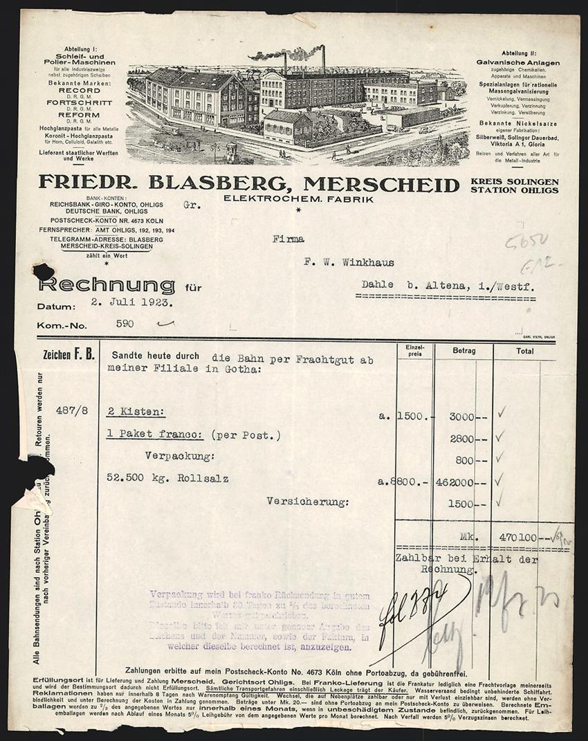 Rechnung Merscheid 1923, Friedr. Blasberg, Elektrochem. Fabrik, Das Betriebsgelände mit grossem ...