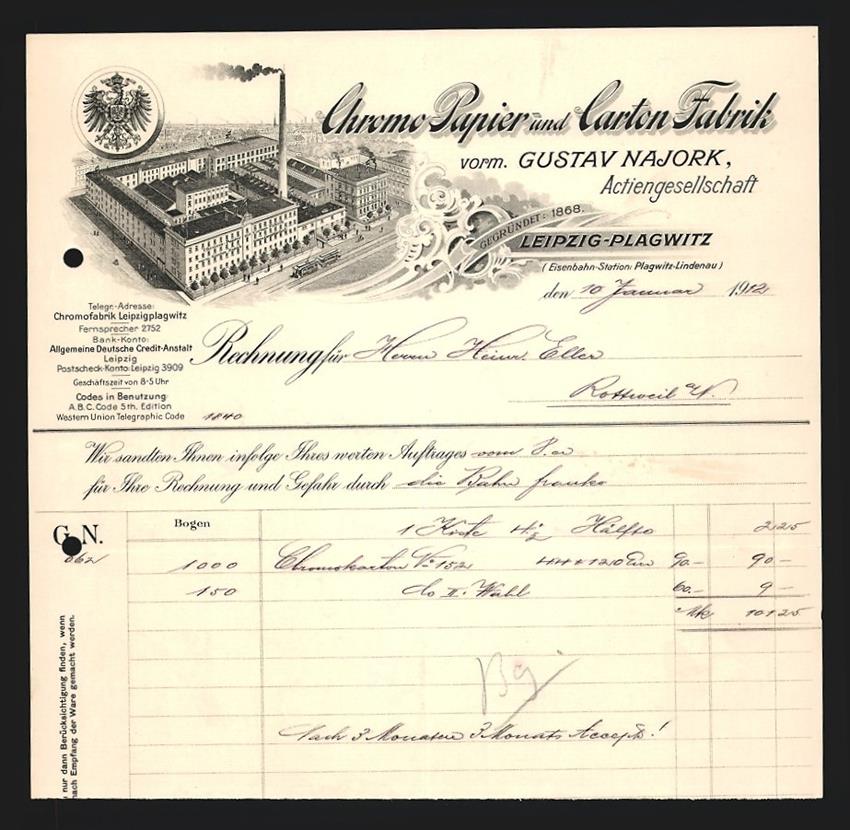 Rechnung Leipzig-Plagwitz 1912, Chromo-, Papier- & Carton-Fabrik, Das ...