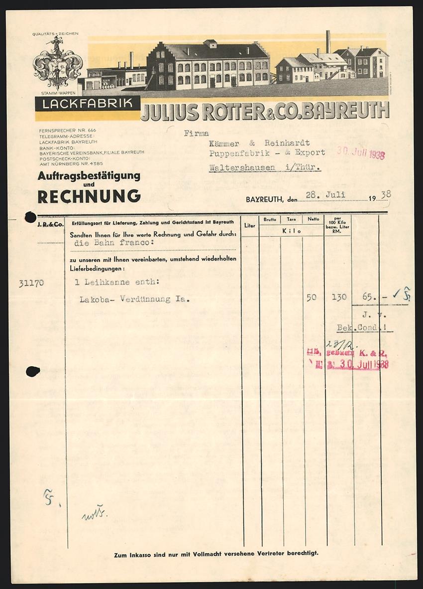 Rechnung Bayreuth 1938, Julius.. | Sammeln & Seltenes günstig