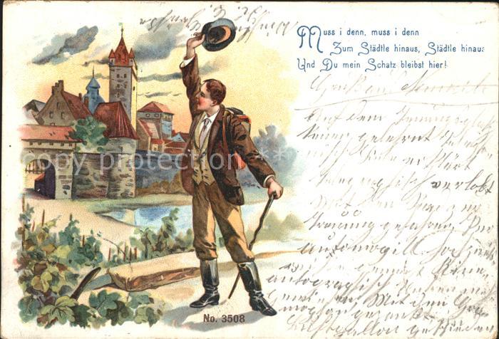 Liederkarte Muss i denn muss i denn zum Staedtle hinaus Wanderer Litho ...