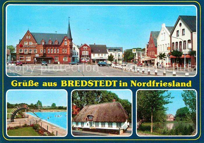 AK / Ansichtskarte Bredstedt Muehlenteich Kirche Schwimmbad ...