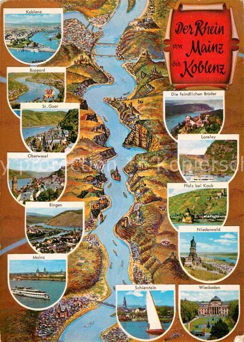 AK / Ansichtskarte Mainz Rhein Landkarte Der Rhein von Mainz bis ...