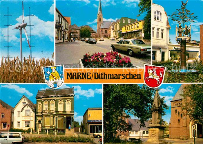 AK / Ansichtskarte Marne Holstein Windrad Innenstadt Kirche Brunnen ...