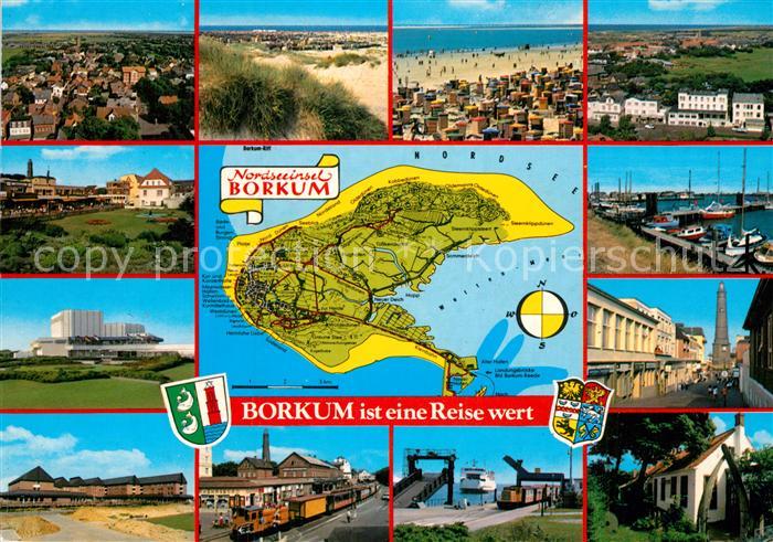AK / Ansichtskarte Borkum Nordseebad Landkarte Kurhaus Leuchtturm Hafen ...