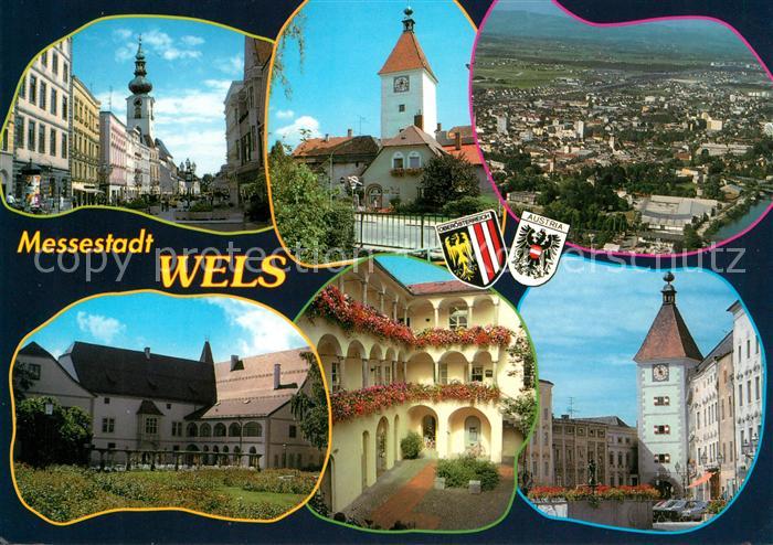 AK / Ansichtskarte Wels Stadtplatz Ledererturm Messegelaende Burg Wels Haas Arkadenhof Nr ...