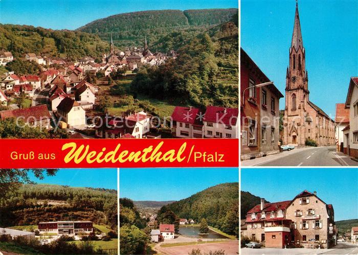 AK / Ansichtskarte Weidenthal_Pfalz Panorama Kirche Teich Gasthaus ...
