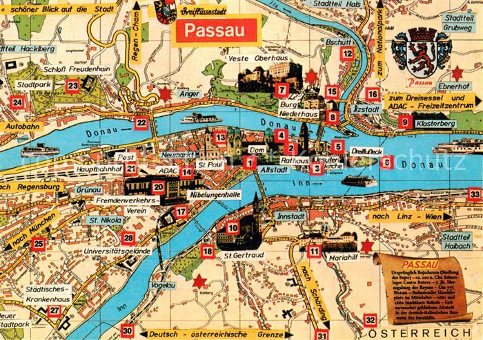 AK / Ansichtskarte Passau Stadtplan mit Sehenswuerdigkeiten Passau Nr ...