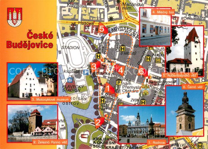 AK / Ansichtskarte Ceske_Budejovice Stadtplan Sehenswuerdigkeiten der ...