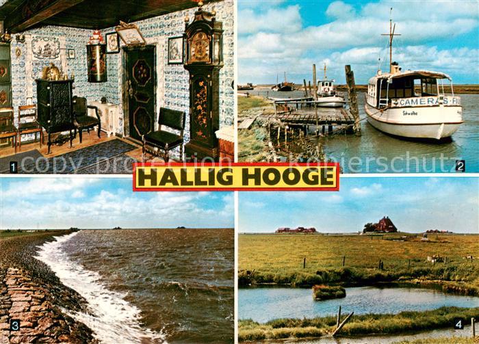 AK / Ansichtskarte Hallig_Hooge Koenigspesel Hafen mit Schleuse Deich ...