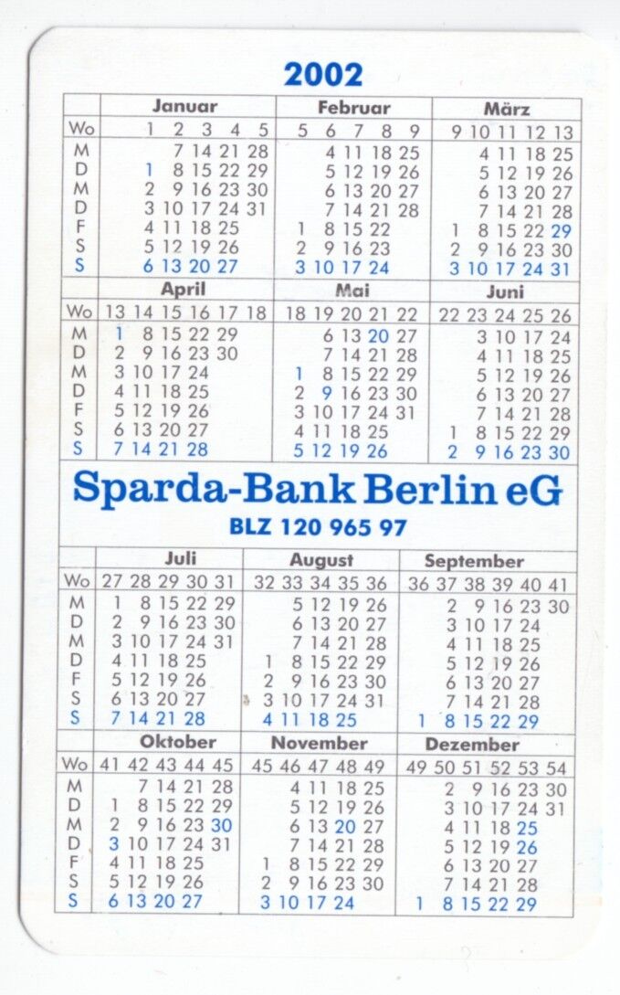 Kalender Scheckkartenformat, 2002, Werbung: Sparda-Bank Berlin e.G. Nr ...