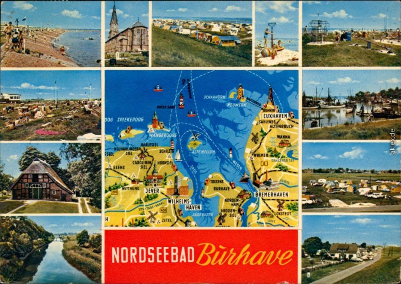 Burhave-Butjadingen Strand, Campingplatz, Kanal, Häuser, Kirche 1971 Nr ...