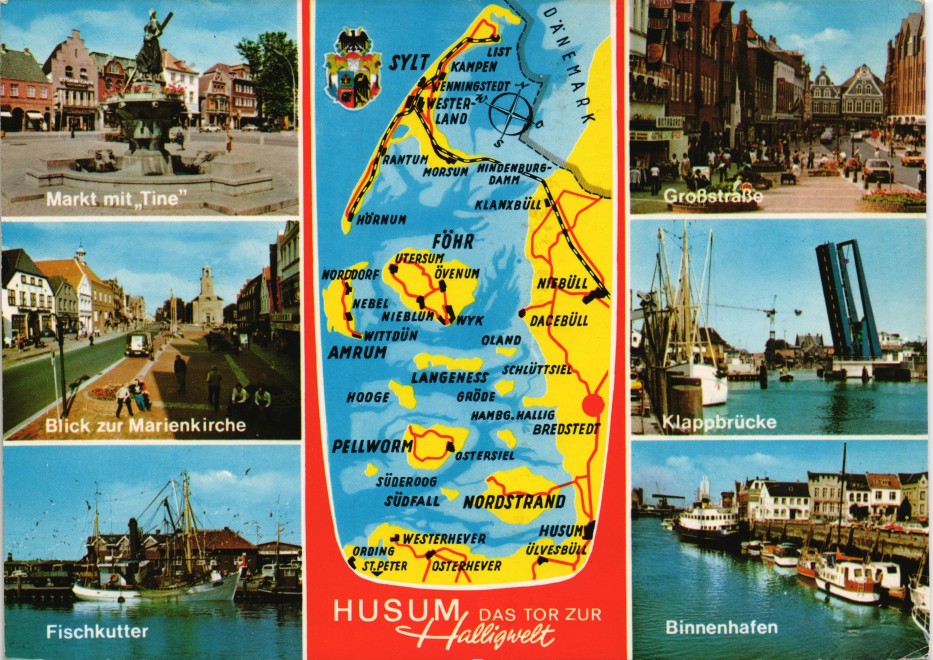 Husum Mehrbild-AK mit Insel-Landkarte, Fischkutter, Klappbrücke uvm ...
