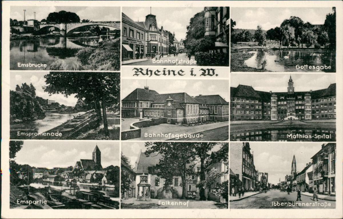 Ansichtskarte Rheine Westfalen Emsbrücke, Bahnhof, Bahnhofstraße u.a ...