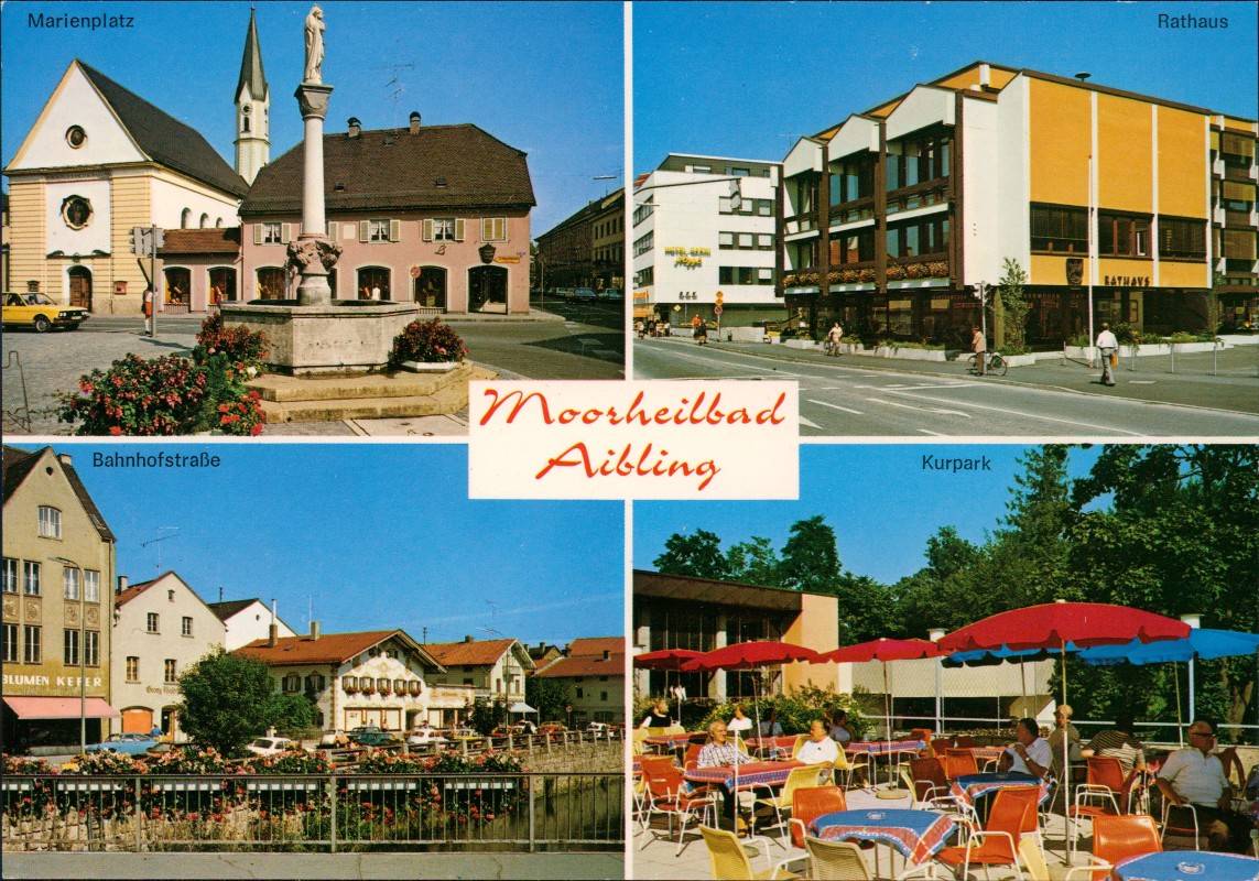 Bad Aibling Mehrbild-AK Marienplatz Bahnhofstraße Kurpark Rathaus 1980 ...